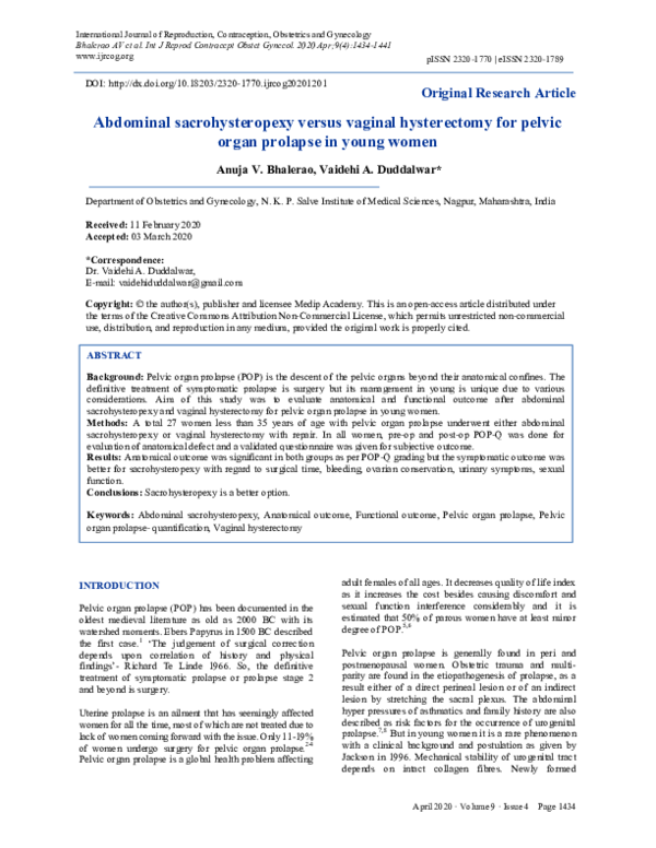 Pdf Abdominal Sacrohysteropexy Versus Vaginal Hysterectomy For Pelvic
