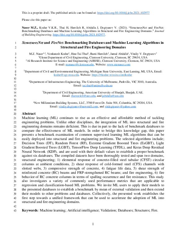 (PDF) StructuresNet and FireNet: Benchmarking databases and machine learning algorithms in ...
