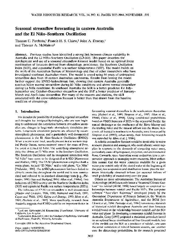 (PDF) Seasonal streamflow forecasting in eastern Australia and the El Niño-Southern Oscillation