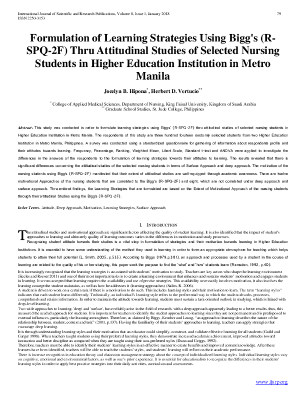 (PDF) Formulation of Learning Strategies Using Bigg’s (R-SPQ-2F) Thru ...