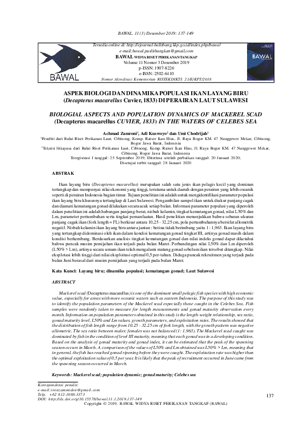 (PDF) ASPEK BIOLOGI DAN DINAMIKA POPULASI IKAN LAYANG BIRU (Decapterus ...