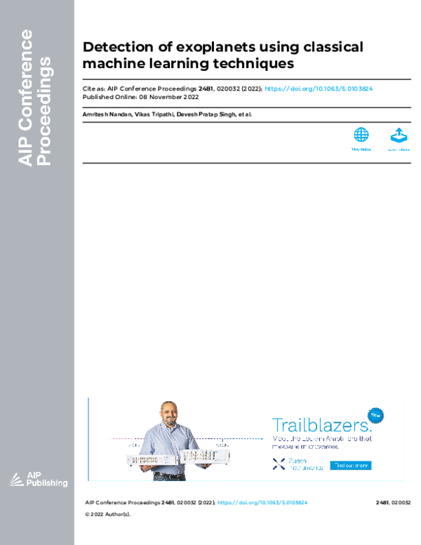 (PDF) Detection of exoplanets using classical machine learning techniques