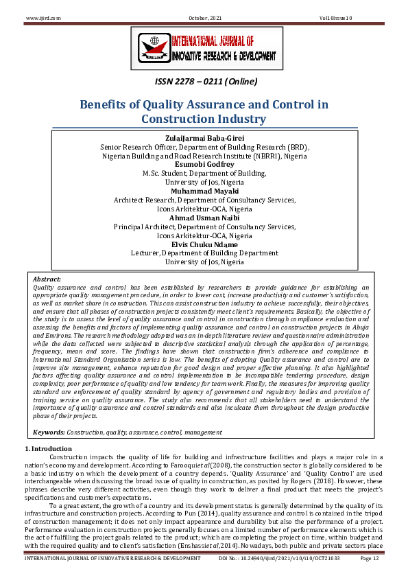 (PDF) Benefits of Quality Assurance and Control in Construction Industry