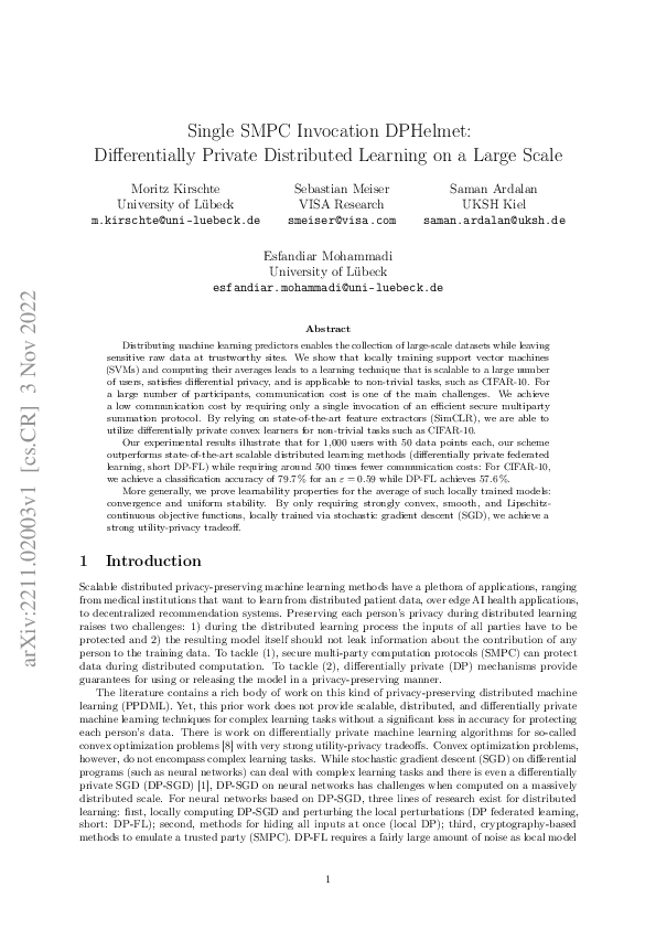 (PDF) Single SMPC Invocation DPHelmet: Differentially Private Distributed Learning on a Large Scale