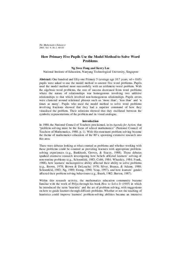 (PDF) How primary five pupils use the model method to solve word problems
