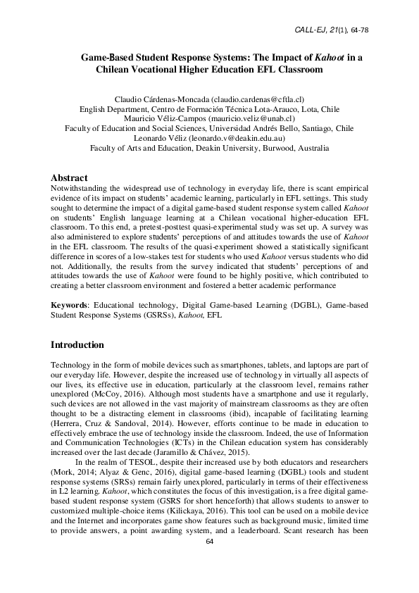 (PDF) Game-Based Student Response Systems: The Impact of Kahoot in a Chilean Vocational Higher ...