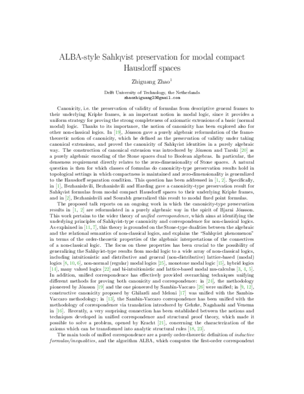 Pdf Alba Style Sahlqvist Preservation For Modal Compact Hausdorff Spaces