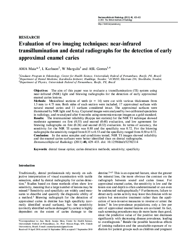 (PDF) Evaluation of two imaging techniques: near-infrared transillumination and dental ...