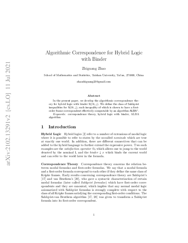 (PDF) Algorithmic Correspondence for Hybrid Logic with Binder