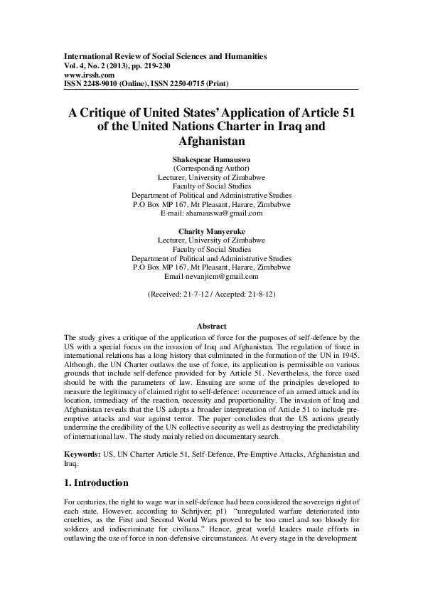 (PDF) A Critique of United States' Application of Article 51 of the ...