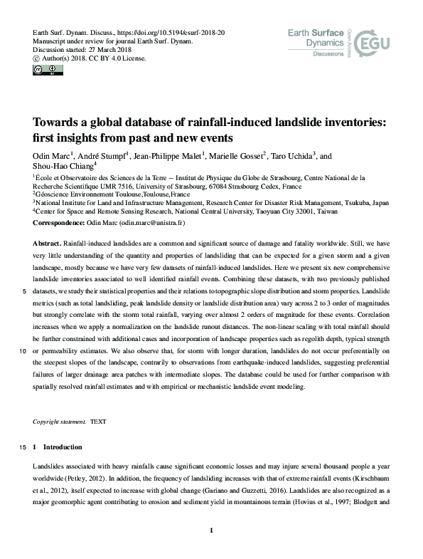 (PDF) Towards a global database of rainfall-induced landslide inventories: first insights from ...