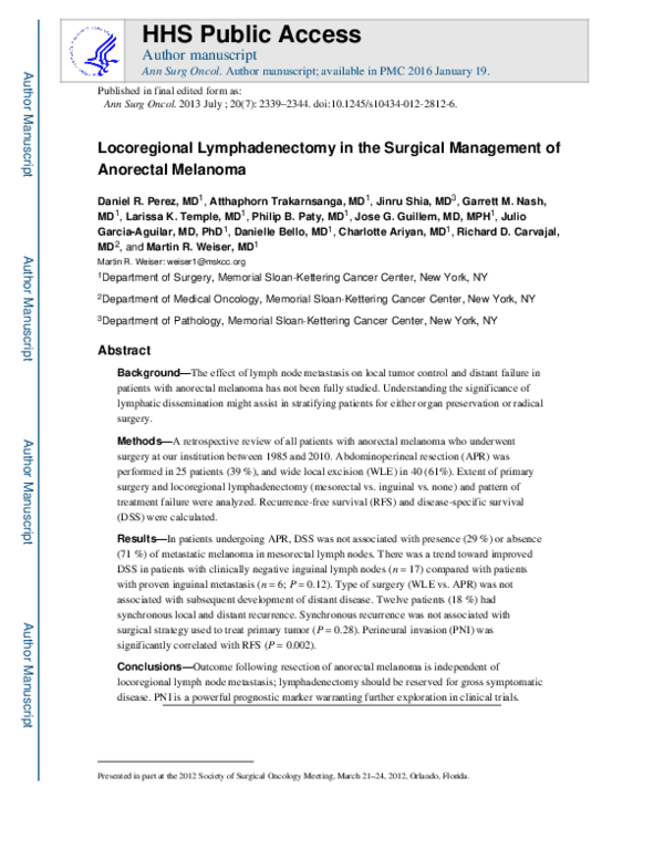 (PDF) Locoregional Lymphadenectomy in the Surgical Management of Anorectal Melanoma