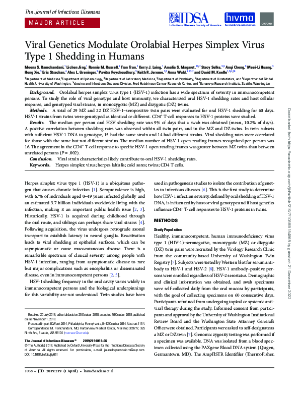 (PDF) Viral genetics modulate orolabial HSV-1 shedding in humans