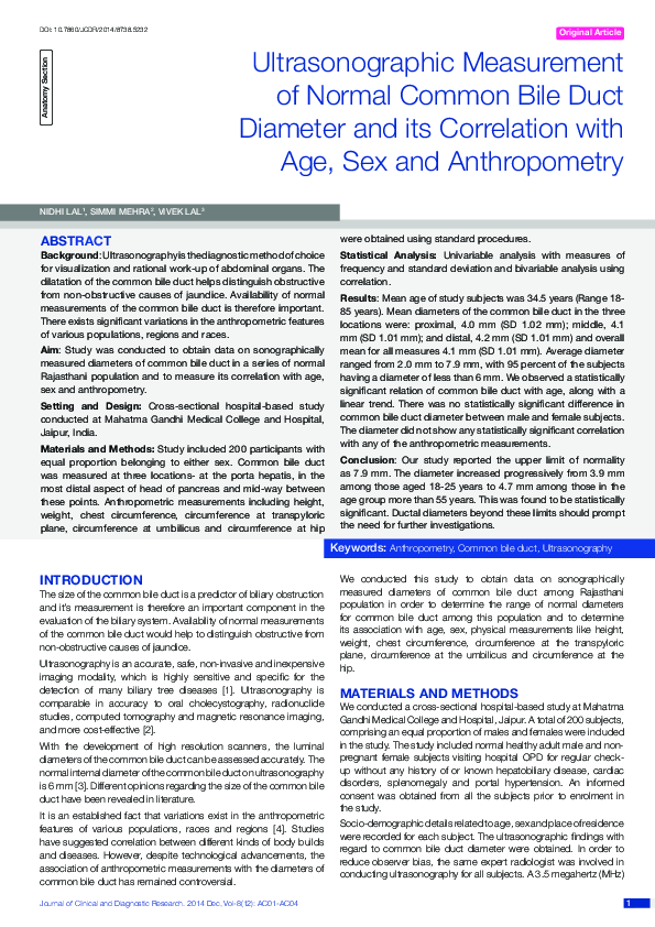 (PDF) Ultrasonographic measurement of normal common bile duct diameter ...