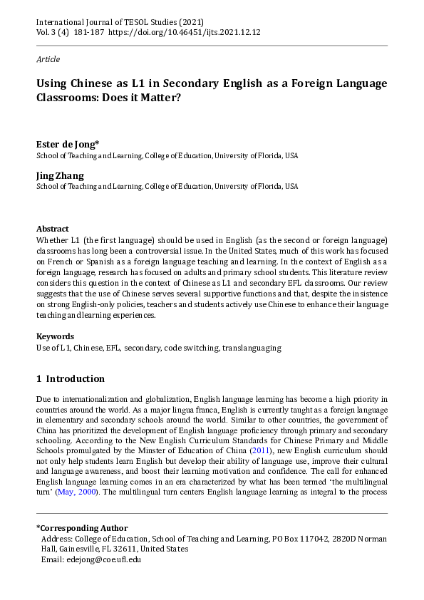 (PDF) Using Chinese as L1 in Secondary English as a Foreign Language Classrooms: Does it Matter?