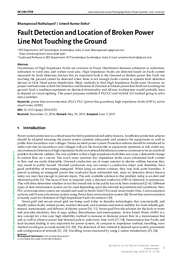 Pdf Fault Detection And Location Of Broken Power Line Not Touching The Ground