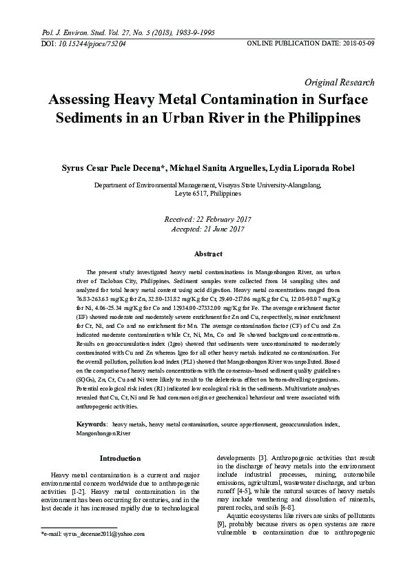 (PDF) Assessing Heavy Metal Contamination in Surface Sediments in an ...