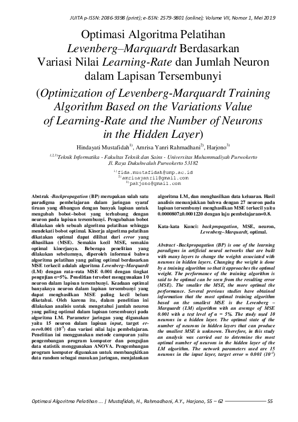 (PDF) Optimasi Algoritma Pelatihan Levenberg–Marquardt Berdasarkan Variasi Nilai Learning-Rate ...