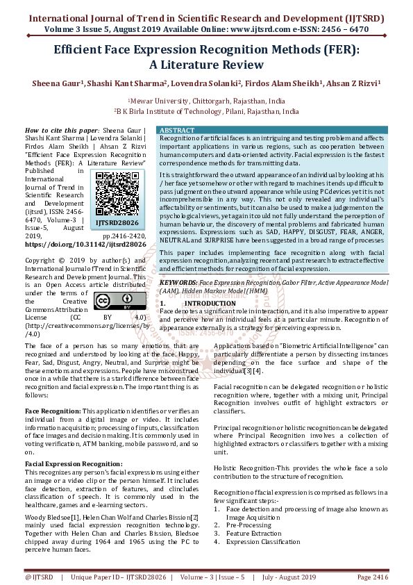 (PDF) Efficient Face Expression Recognition Methods FER A Literature Review