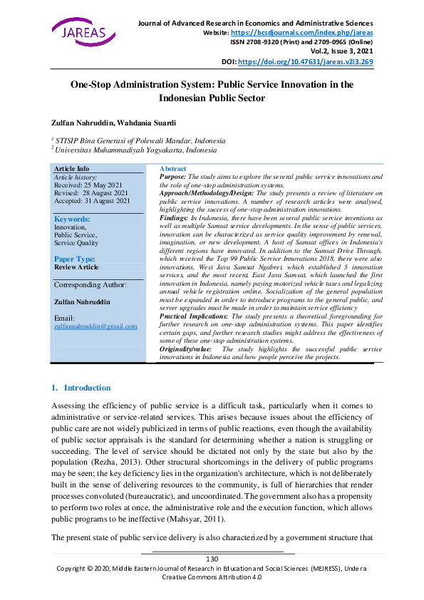 (PDF) One-Stop Administration System: Public Service Innovation in the Indonesian Public Sector