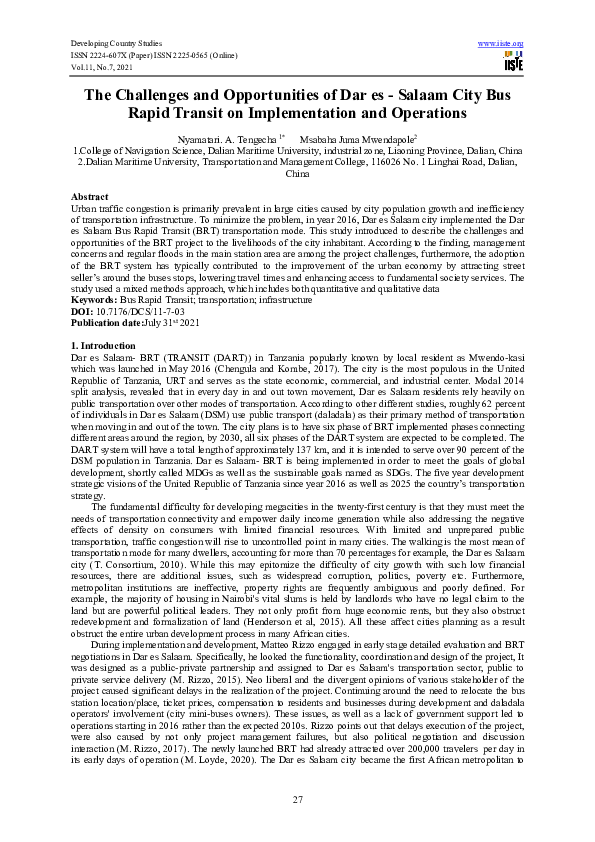 (PDF) The Challenges and Opportunities of Dar es - Salaam City Bus Rapid Transit on ...