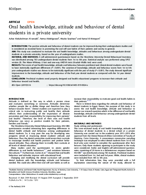(PDF) Oral health attitude, knowledge, and behaviour of dental students of Jaipur, Rajasthan: A ...