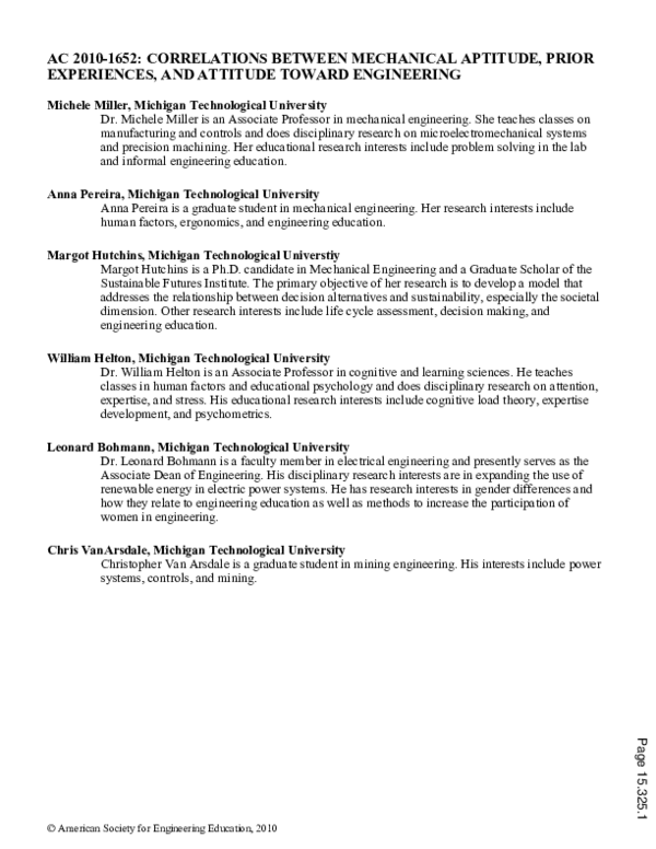 (PDF) Correlations Between Mechanical Aptitude, Prior Experiences, And ...