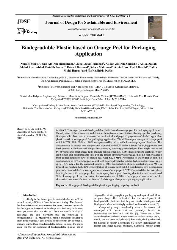 (PDF) Biodegradable Plastic based on Orange Peel for Packaging Application