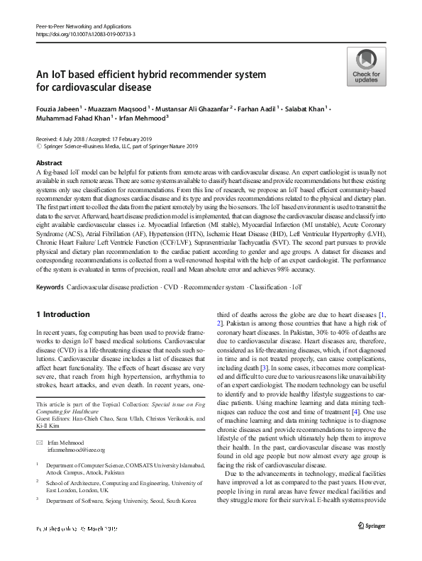 (PDF) An IoT based efficient hybrid recommender system for cardiovascular disease
