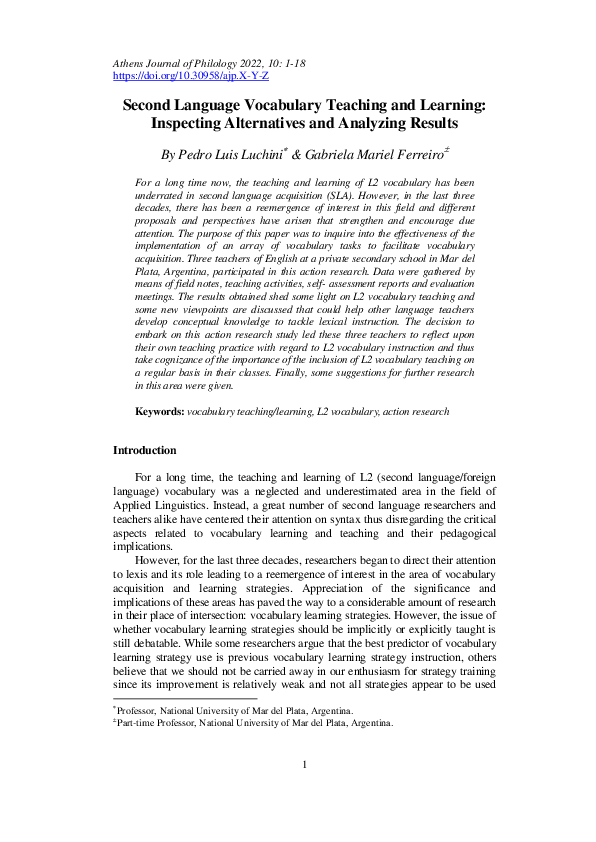 (PDF) Second Language Vocabulary Teaching and Learning: Inspecting Alternatives and Analyzing ...