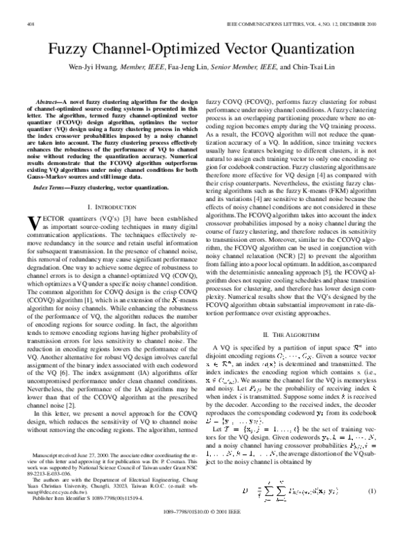 (PDF) Fuzzy channel-optimized vector quantization