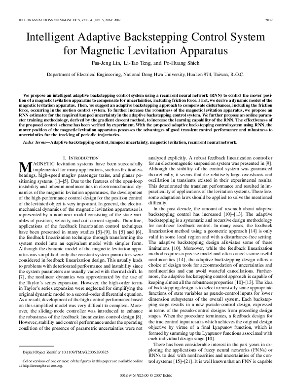 (PDF) Intelligent Adaptive Backstepping Control System for Magnetic Levitation Apparatus