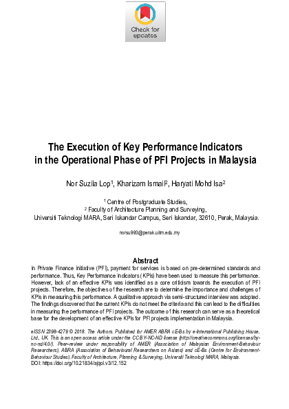 (PDF) The Execution of Key Performance Indicators in the Operational Phase of PFI Projects in ...
