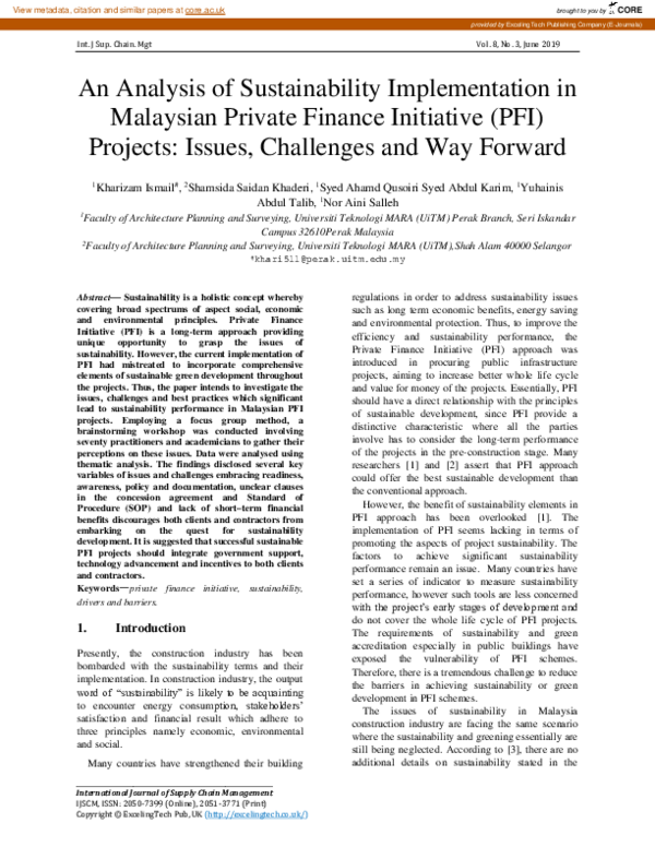 (PDF) An Analysis of Sustainability Implementation in Malaysian Private Finance Initiative (PFI ...