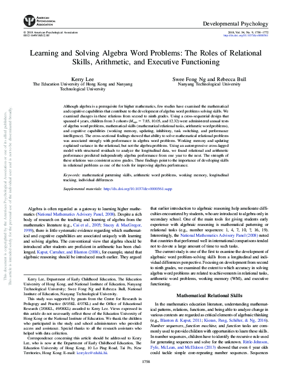 (PDF) Learning and solving algebra word problems: The roles of relational skills, arithmetic ...
