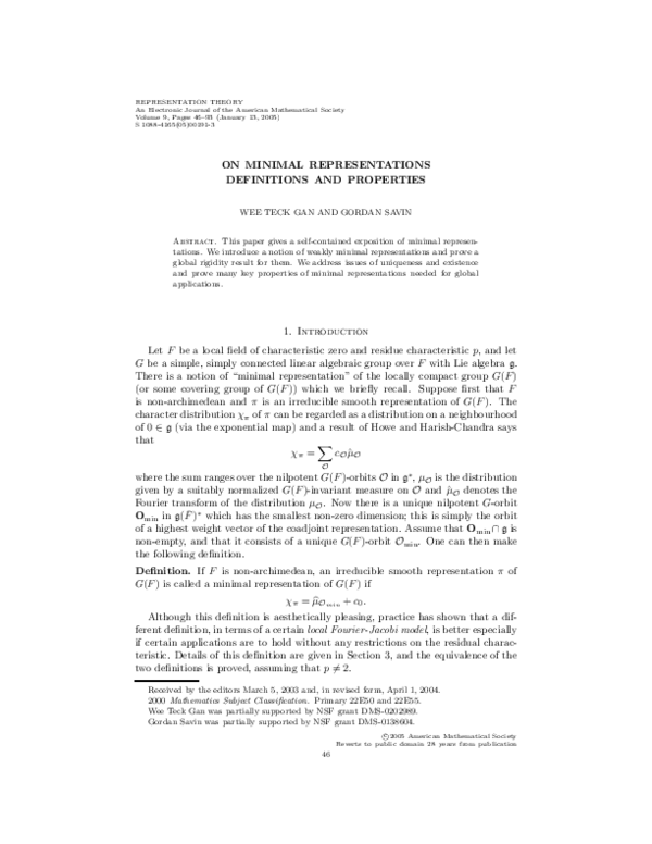 (PDF) On minimal representations definitions and properties