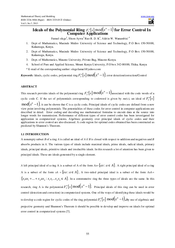 (PDF) Ideals of the Polynomial Ring for Error Control In Computer ...