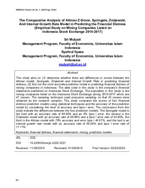 (PDF) The Comparative Analysis of Altman Z-Score, Springate, Zmijewski ...