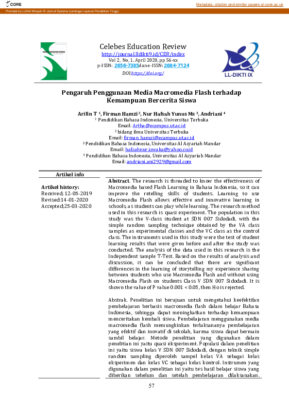 (PDF) Pengaruh Penggunaan Media Macromedia Flash terhadap Kemampuan Bercerita Siswa