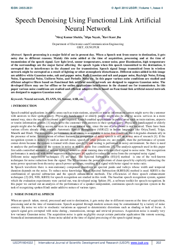 Pdf Speech Denoising Using Functional Link Artificial Neural Network