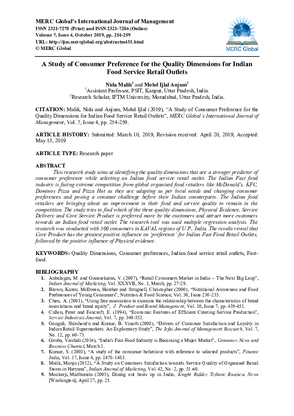 (PDF) A Study of Consumer Preference for the Quality Dimensions for ...