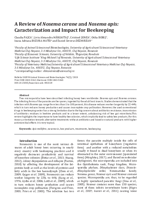 (PDF) A Review of Nosema cerane and Nosema apis: Caracterization and ...