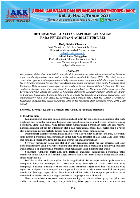 (PDF) Determinan Kualitas Laporan Keuangan Pada Perusahaan Agriculture BEI