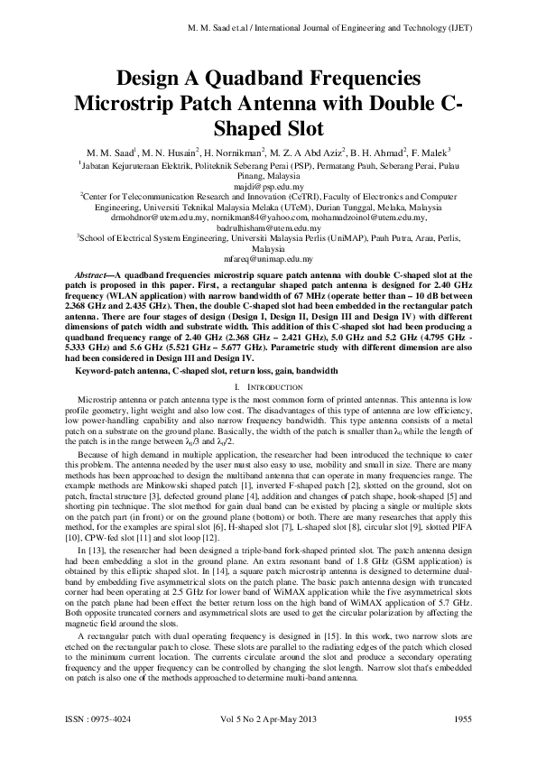 (PDF) Design a quadband frequencies microstrip patch antenna with double C-shaped slot