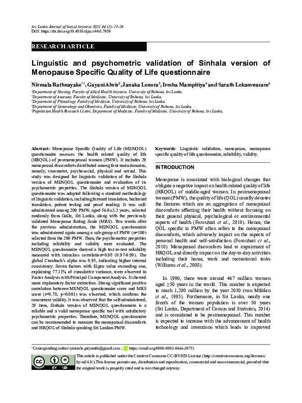 Pdf Linguistic And Psychometric Validation Of Sinhala Version Of Menopause Specific Quality Of