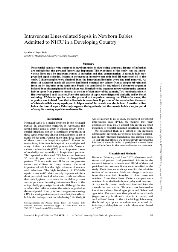 (PDF) Intravenous Lines-related Sepsis in Newborn Babies Admitted to ...