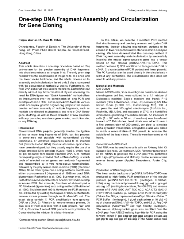 (PDF) One-step DNA Fragment Assembly and Circularization for Gene Cloning
