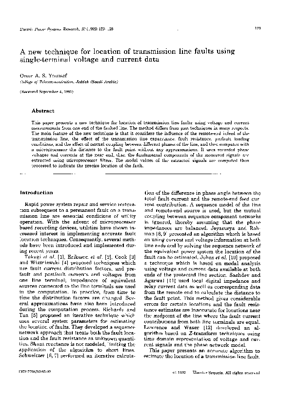 (PDF) A new technique for location of transmission line faults using single-terminal voltage and ...