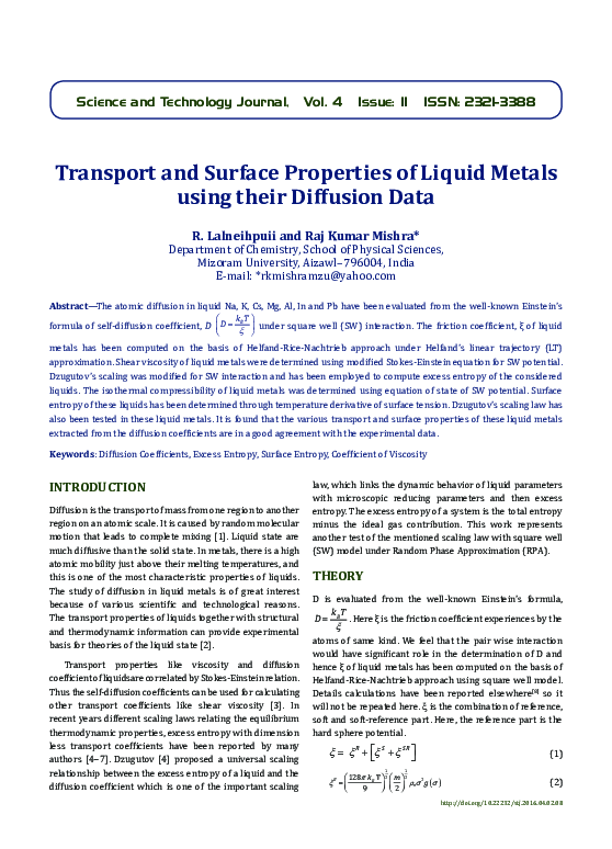 (PDF) Transport and Surface Properties of Liquid Metals using their ...