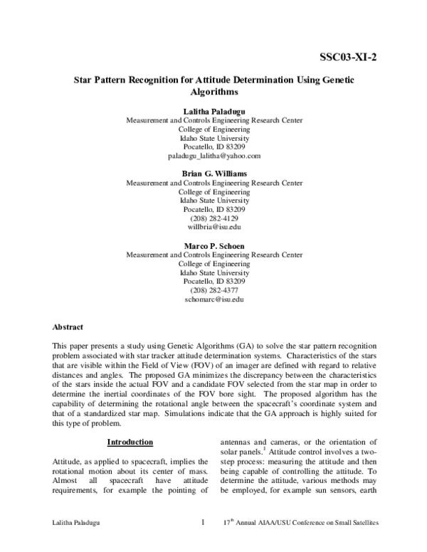 (PDF) Star Pattern Recognition for Attitude Determination using Genetic Algorithms